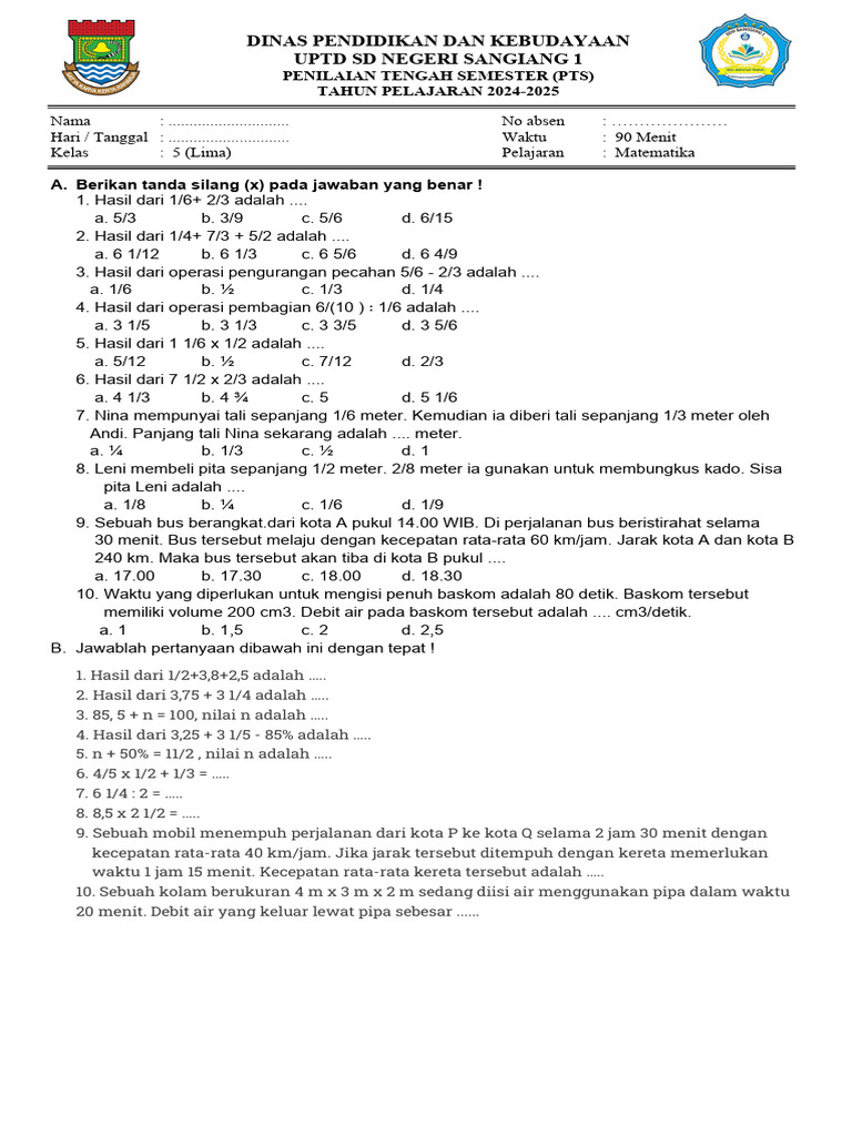 PTS Matematika Kelas 5 Semester 1 | PDF