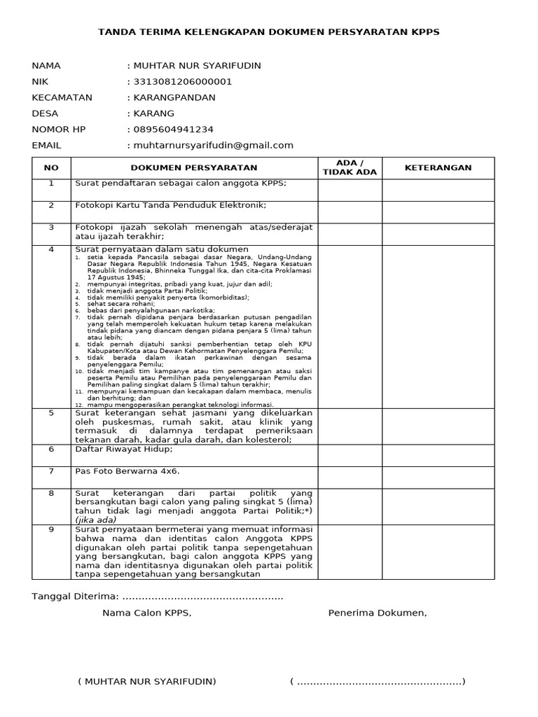TT Kelengkapan Dokumen Persyaratan | PDF