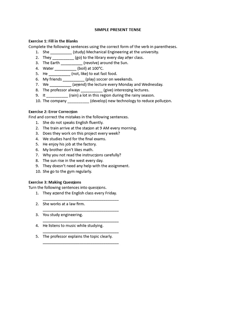 SIMPLE PRESENT TENSE Exercise | PDF