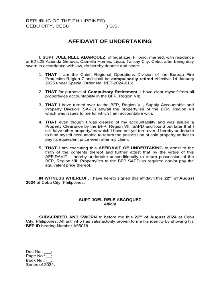 Affidavit of Undertaking SUPT ABARQUEZ OF LIGHT DUTY | PDF