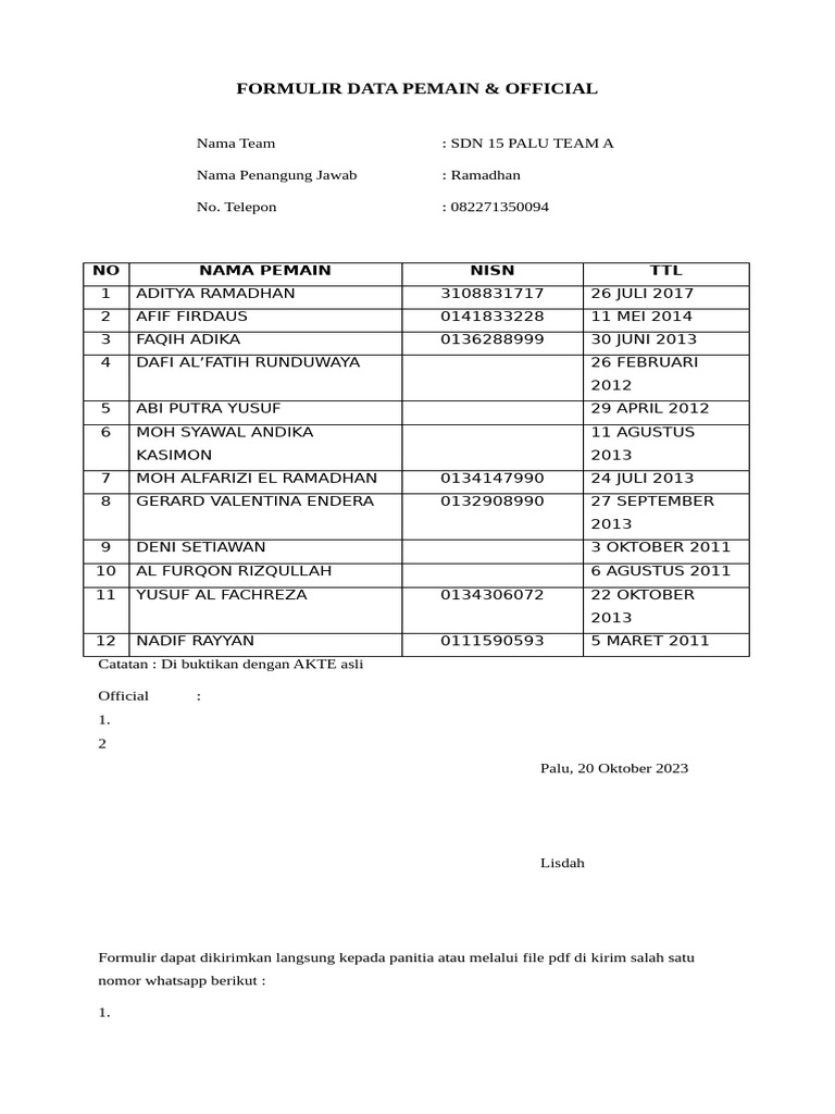 Formulir Data Pemain | PDF