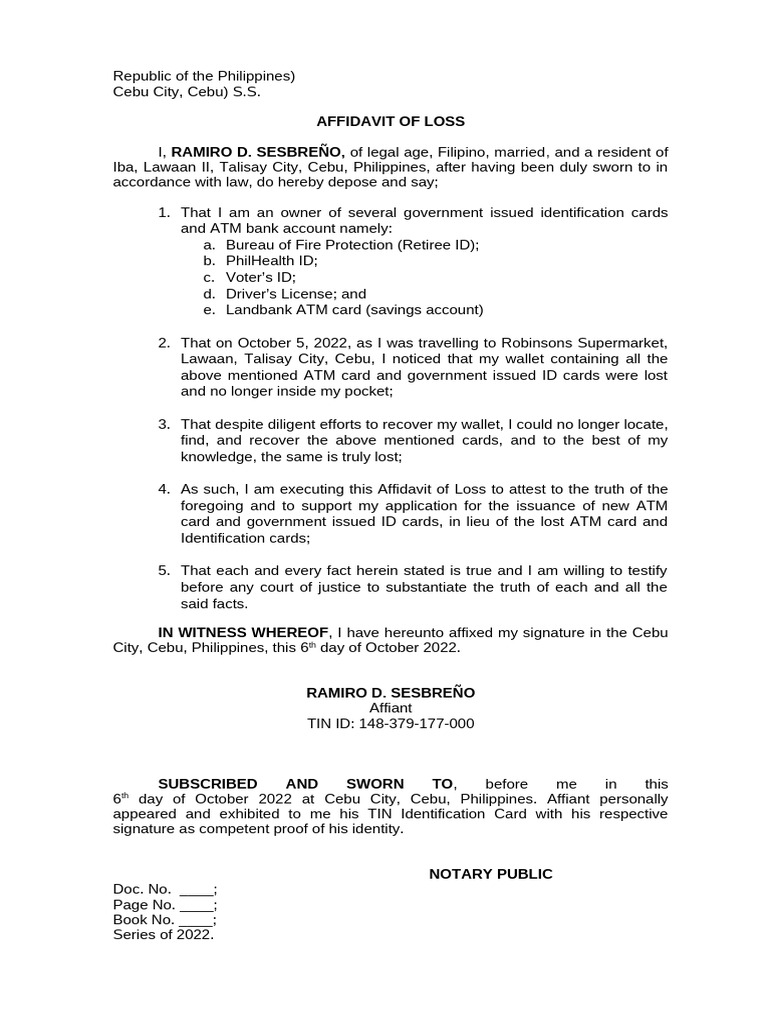 Affidavit of Loss Multiple ID Cards (Ramiro Sesbreño) | PDF