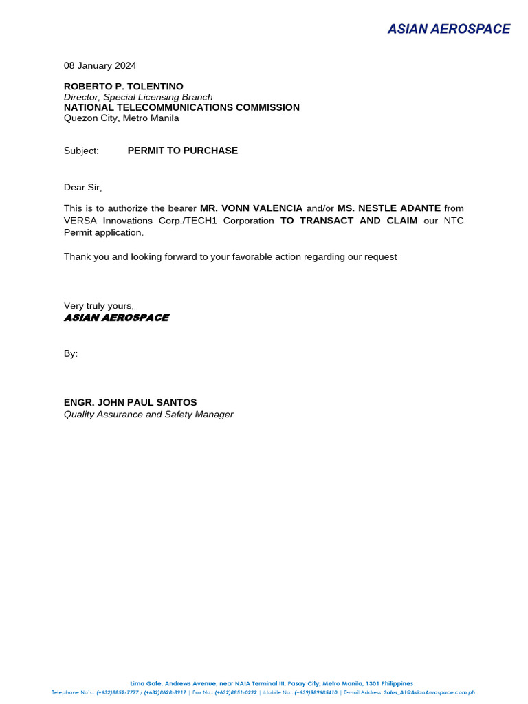 Permit To Purchase (Versa Authorization Letter) | PDF