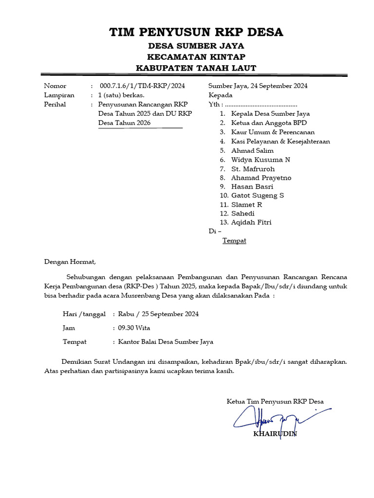 Undangan Penyusunan Rancangan RKP Desa THN 2025 | PDF