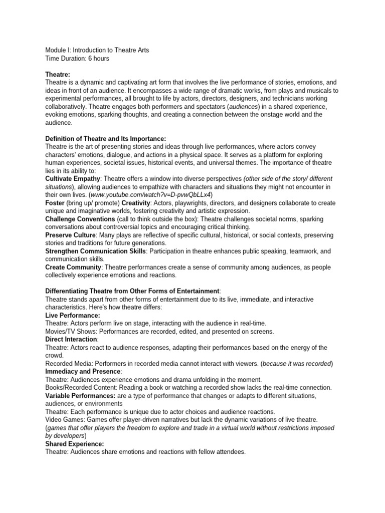 I Introduction To Theatre Arts | PDF | Theatre | Actor