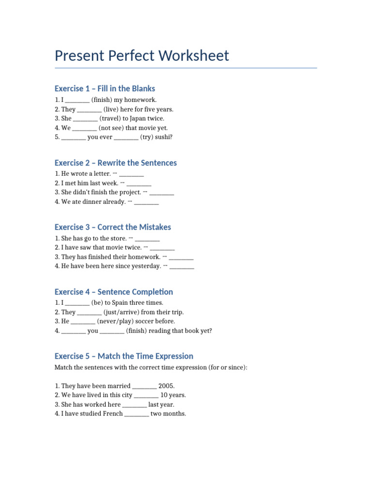 Present Perfect Worksheet | PDF