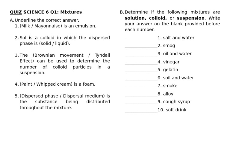 QUIZ SCIENCE 6 Q1-Mixtures | PDF | Science & Mathematics