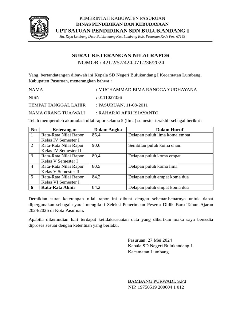 Surat Keterangan Akumulasi Nilai Rapor 2024 | PDF
