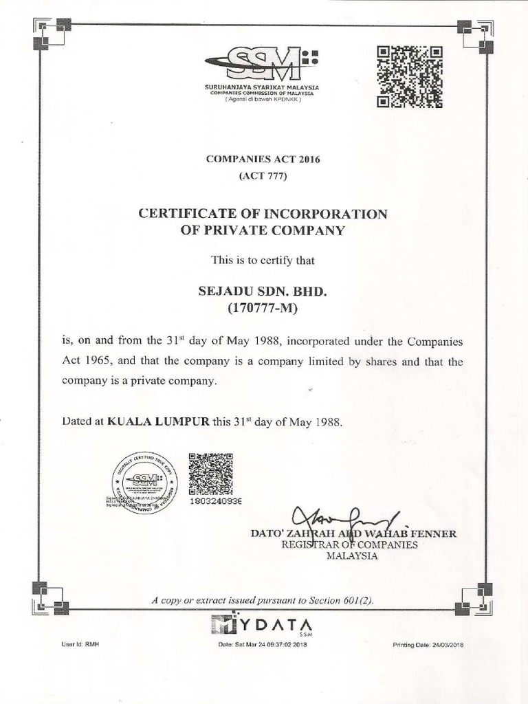 SEJADU SDN BHD - SSM Cert of Incorporation | PDF