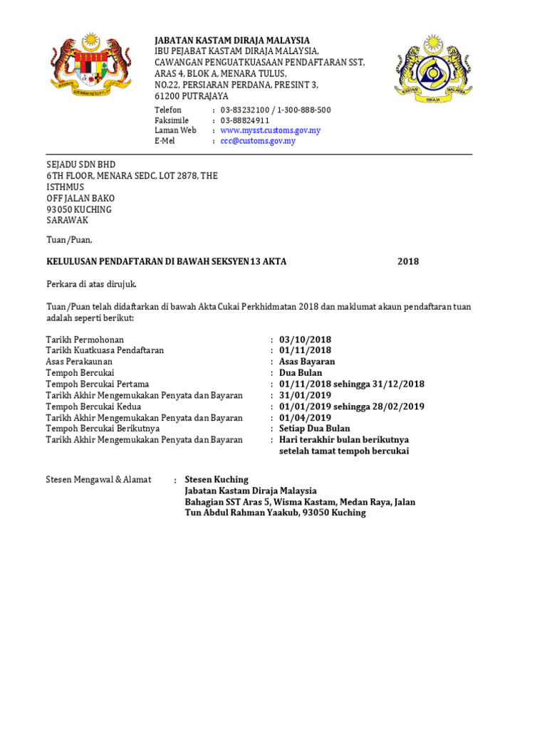 Sejadu SDN BHD - Sijil SST | PDF