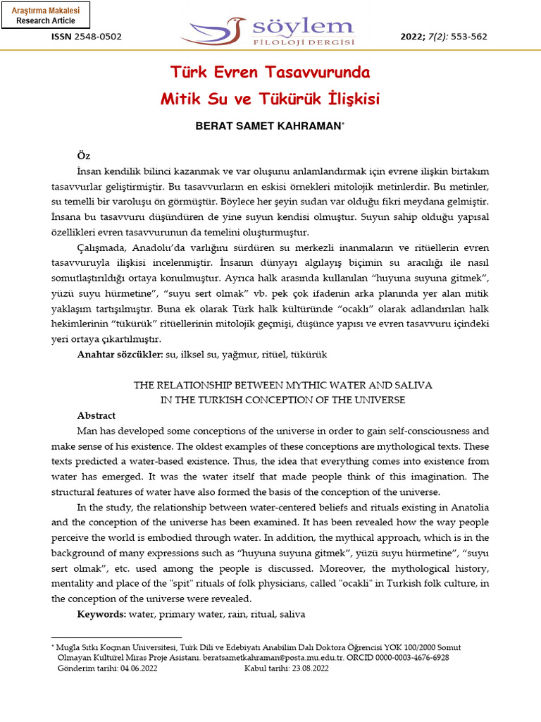 Turk Evren Tasavvurunda Mitik Su Ve Tuku | PDF