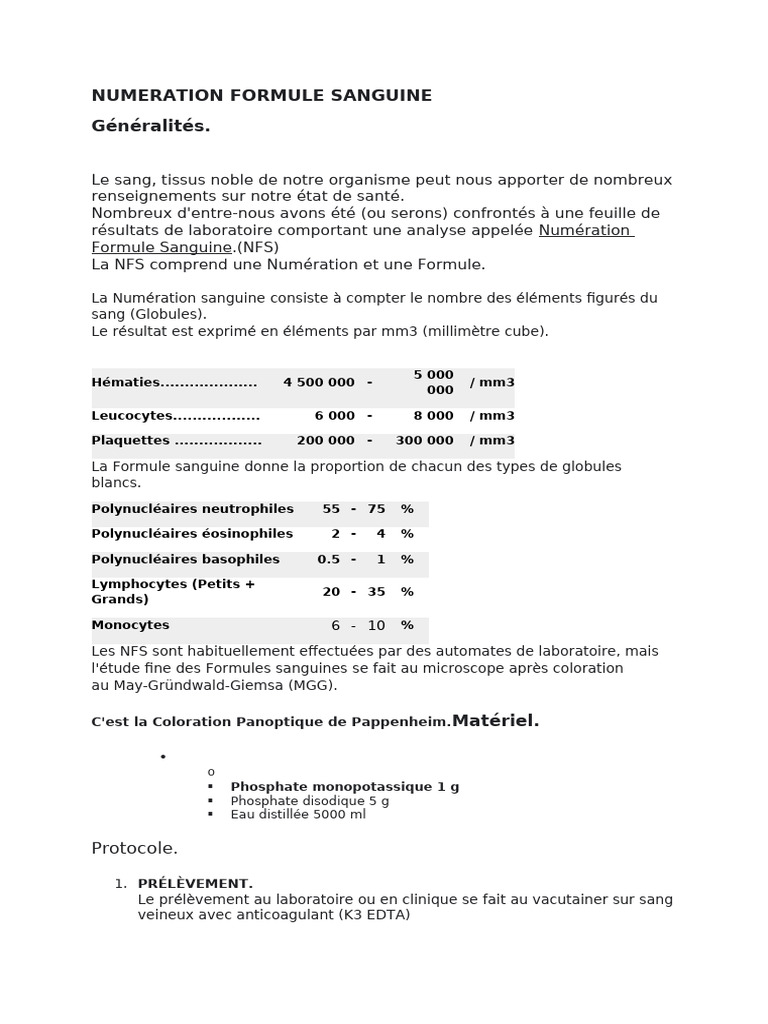 Numeration Formule Sanguine Généralités.: Protocole | PDF