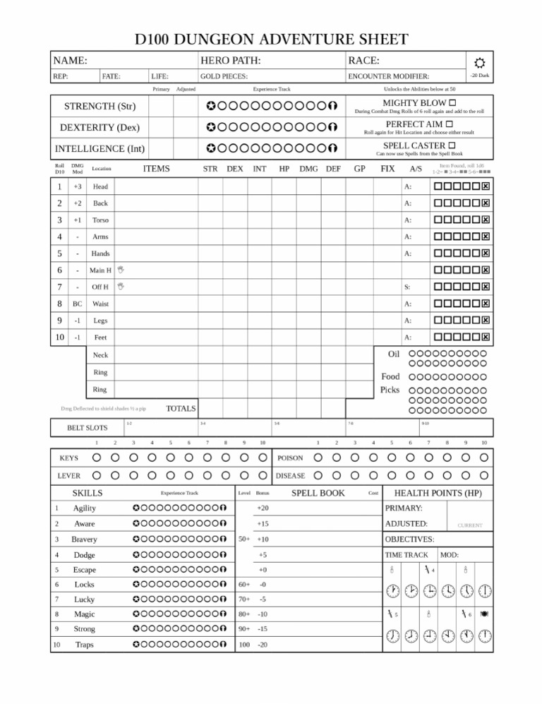 D100 Dungeon - Adventure Sheets | PDF