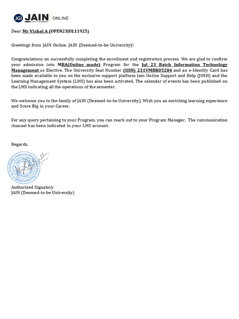 Admission - Confirmation - Letter - MR Vishal A (OPEN23JUL11925) | PDF