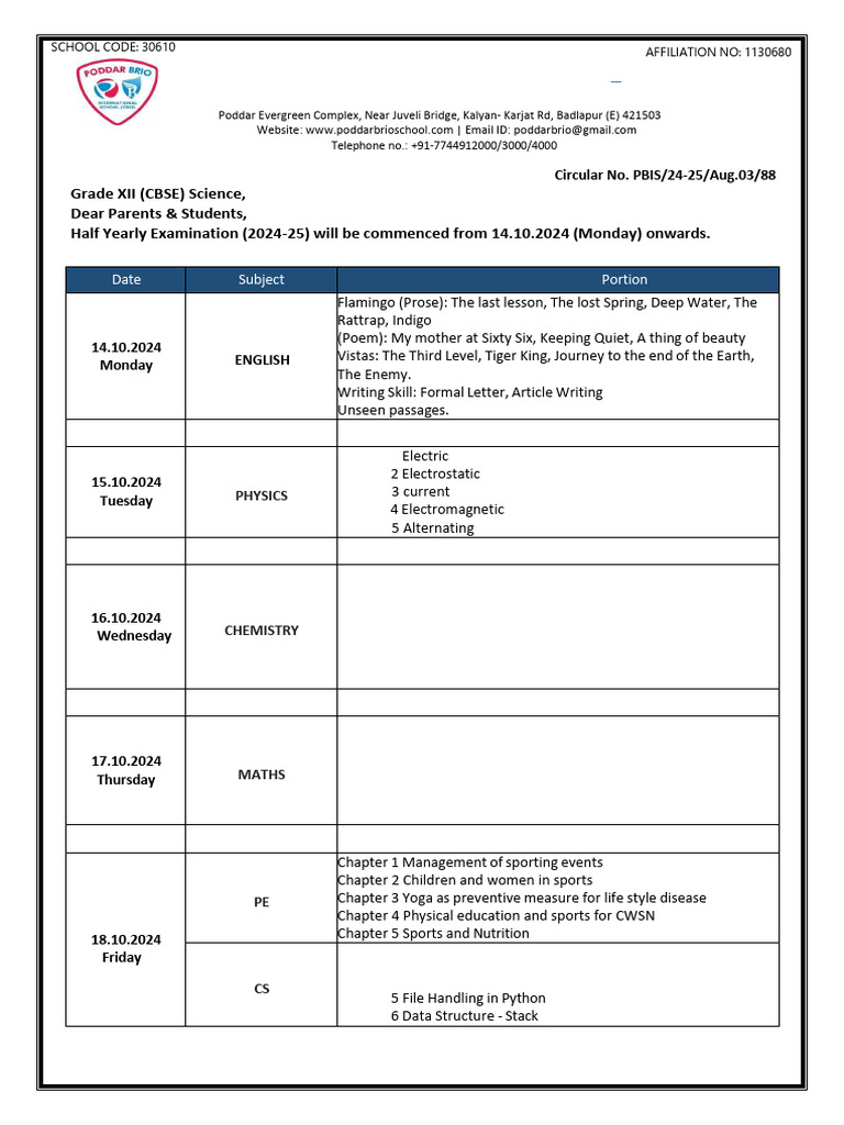 Grade Xii Cbse Sci Half Yearly Date Sheet 2024 25 Pdf