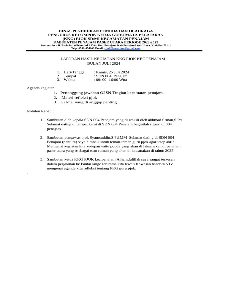 Laporan Kegiatan KKG PJOK Bulan Juli 2024 | PDF