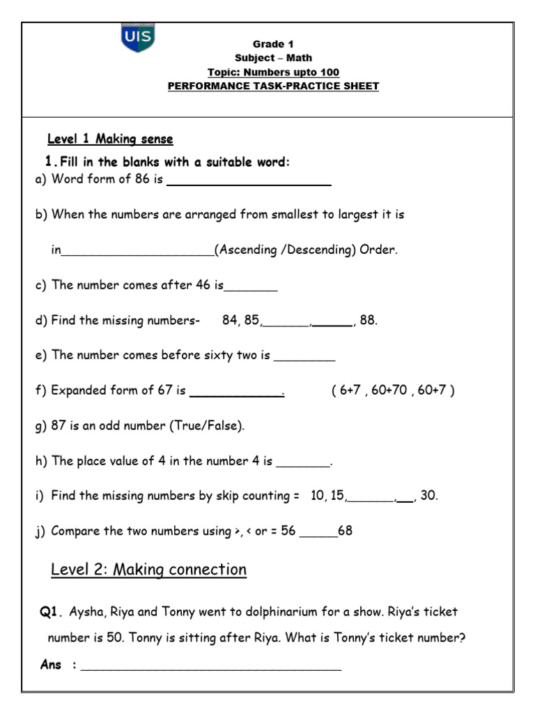 Practice Sheet For Performance Task Numbers Upto 100 | PDF