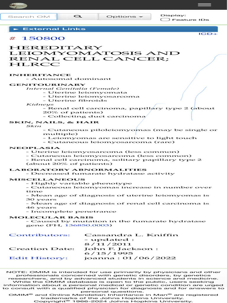 Clinical Synopsis - #150800 - Hereditary Leiomyomatosis and Renal Cell ...