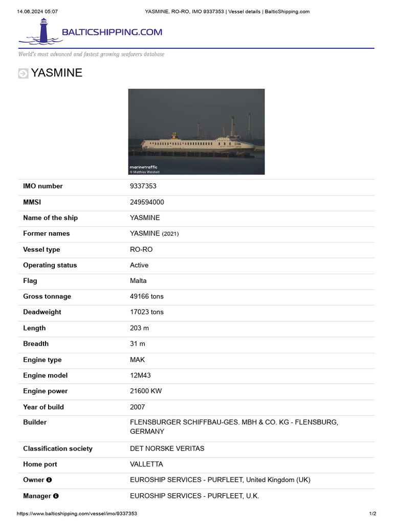 Yasmine, Ro-Ro, Imo 9337353 | PDF