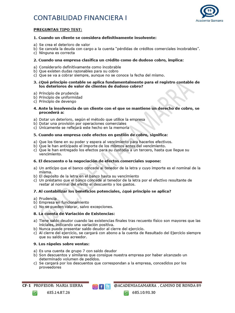 TEST CF1 Ok (188 Preguntas) | PDF | Contabilidad | Finanzas y dinero
