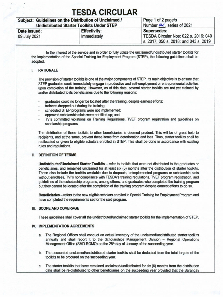 TESDA Circular No. 064-2021 | PDF