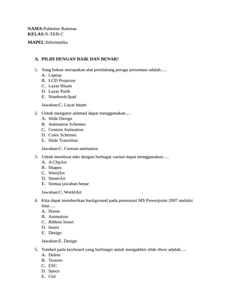 Soal PPT Pahtekur Rahman BC | PDF