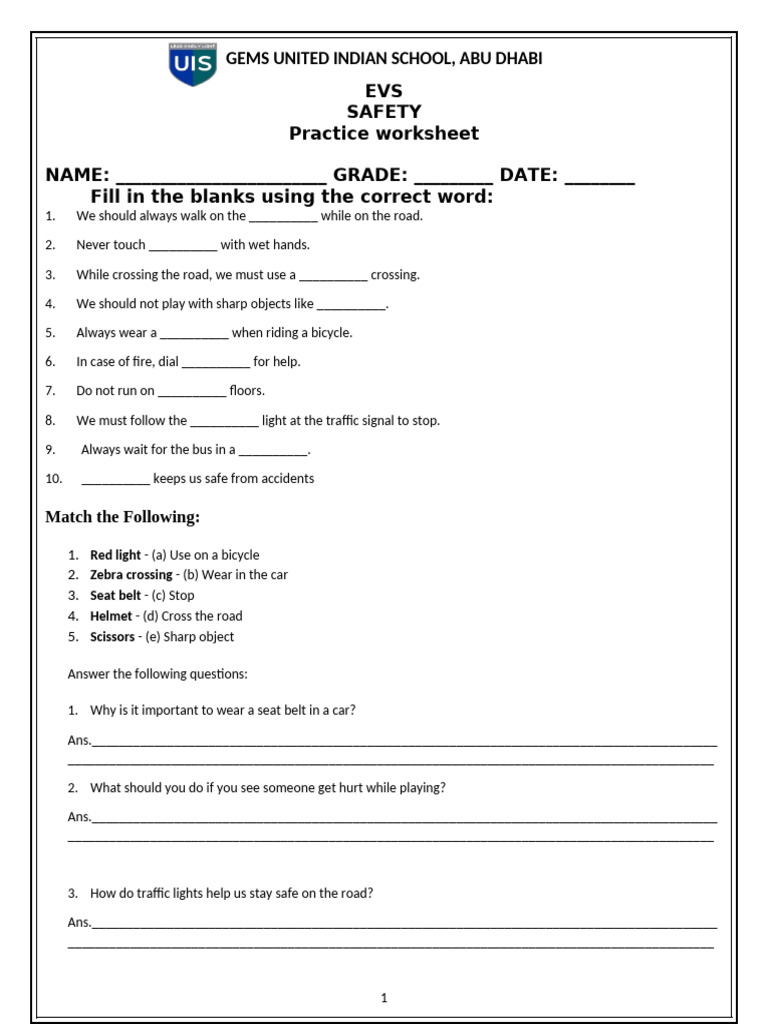 Safety Extra Practice Worksheet | PDF