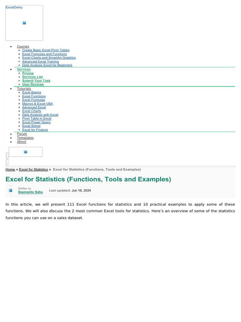 Excel For Statistics (Functions, Tools and Examples) | PDF