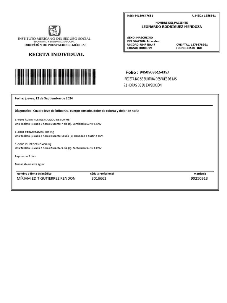 Leonardo Receta Imss Act Gripe | PDF