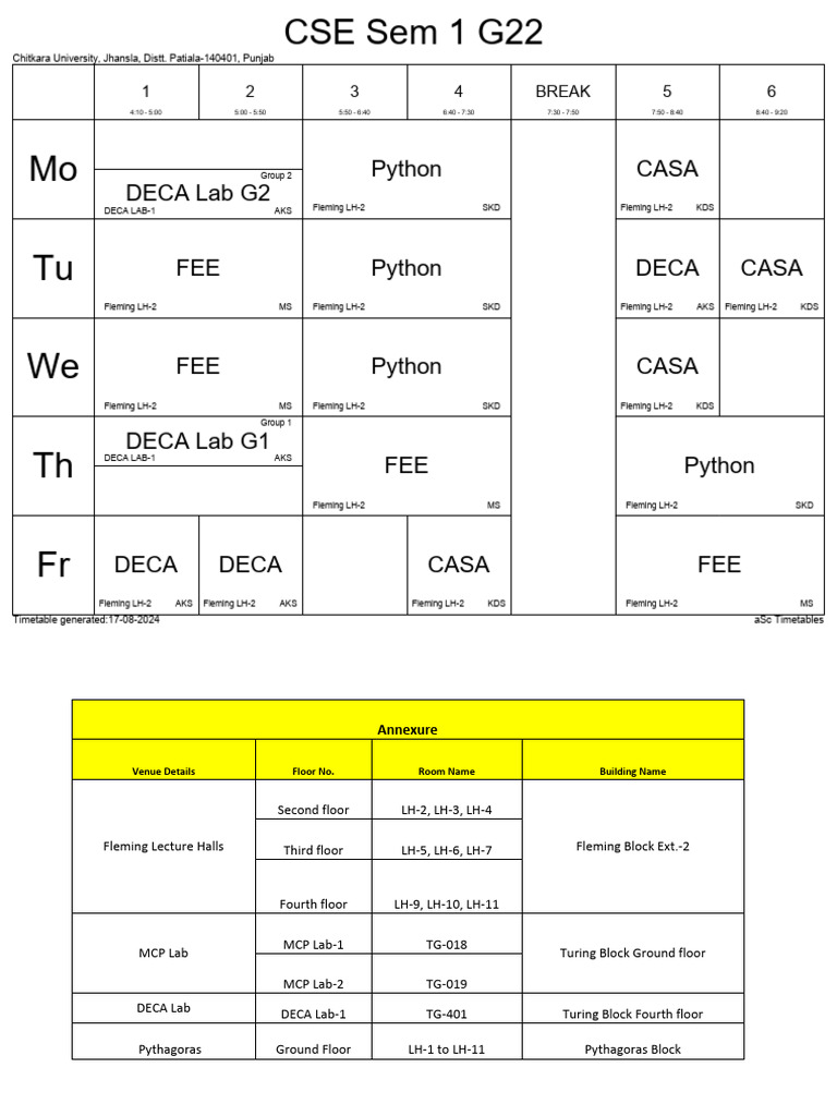 CSE Sem1 G22 (I-Alpha Cluster) Time Table 19-08-2024 Onwards | PDF