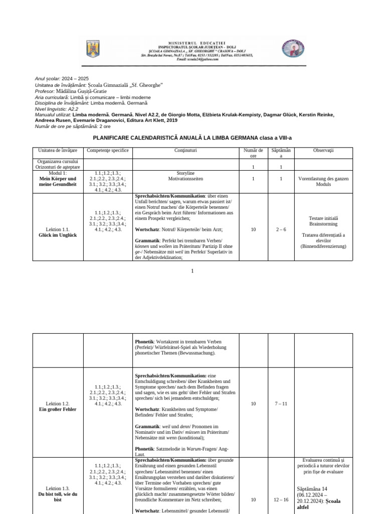 Planificare Anuala Clasa A VIII-a Germana | PDF