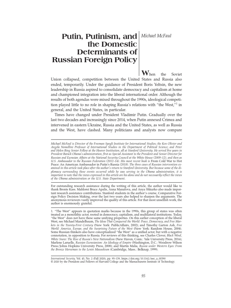 Putin, Putinism, and The Domestic Determinants of Russian Foreign ...