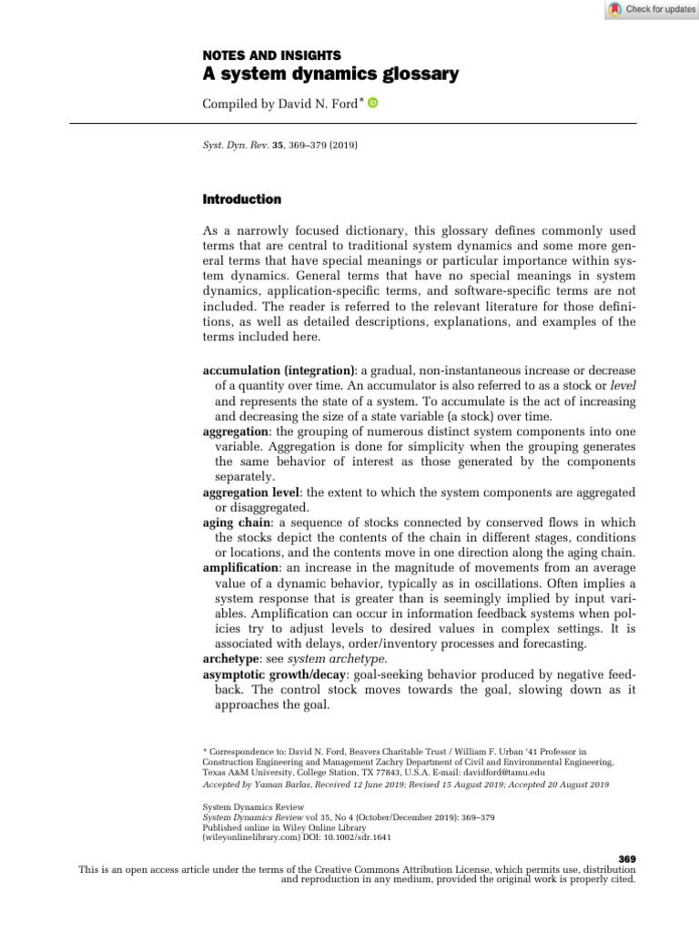 System Dynamics Review - 2019 - Ford - A System Dynamics Glossary | PDF