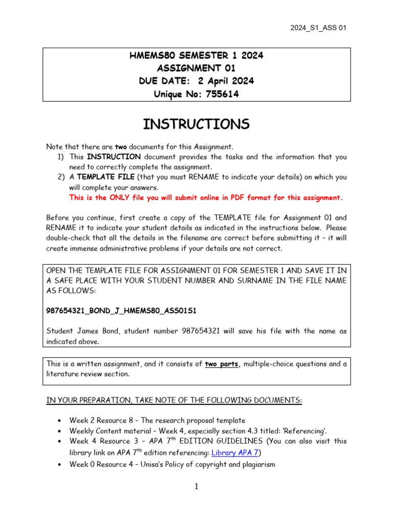 Hmems80 2024 - S1 - Ass 01 - Instructions | PDF