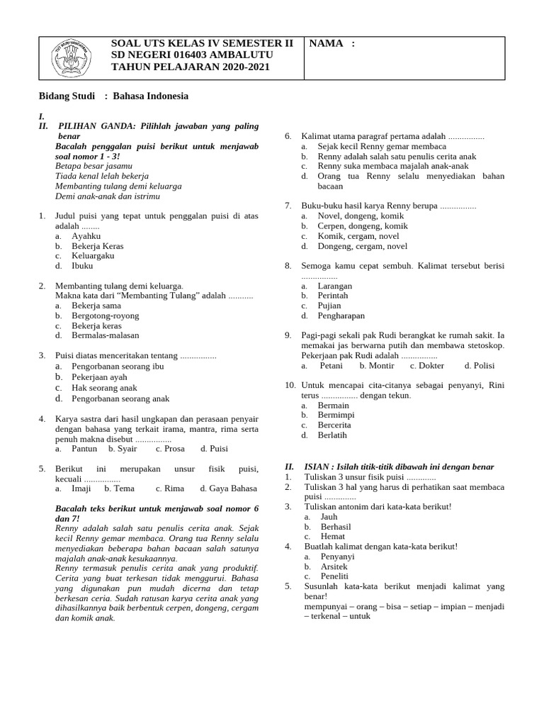 New Soal PTS SMT 2 Kelas 4 2023 | PDF