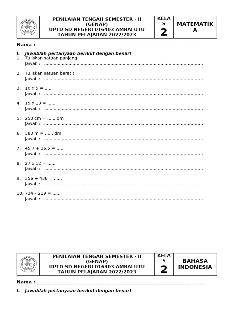 New Soal PTS SMT 2 Kelas 2 2023 | PDF
