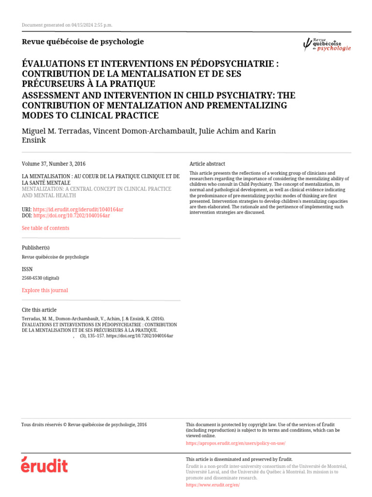 Revue Québécoise de Psychologie: Miguel M. Terradas, Vincent Domon ...