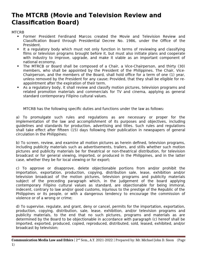 MTRCB: Overview and Functions | PDF | President Of The Philippines ...