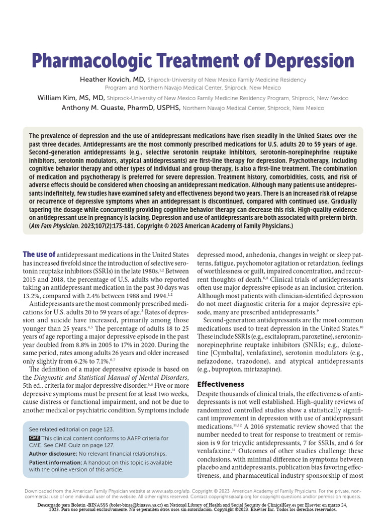 Pharmacologic Treatment of Depression: Heather Kovich, MD, William Kim ...