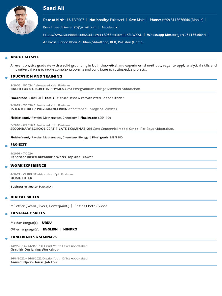 Physics Graduate Resume Pakistan | PDF