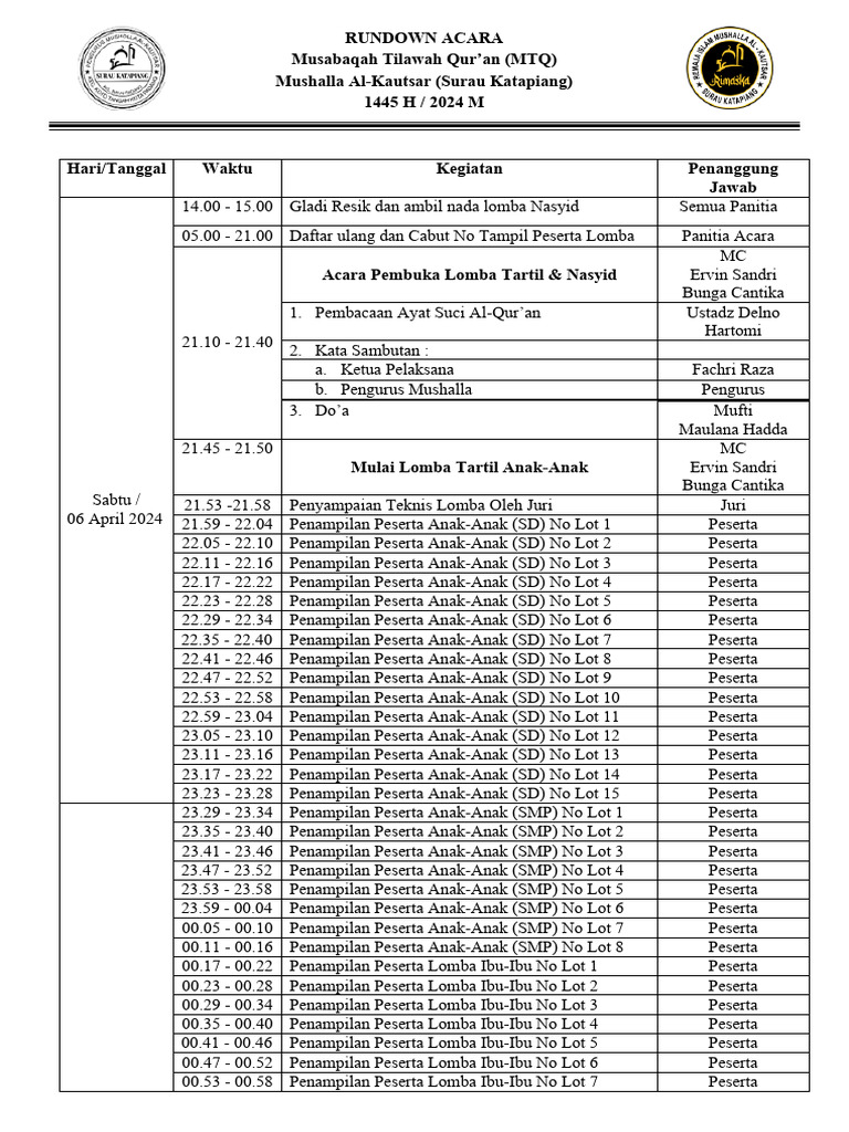 Rundown Acara MTQ 2024 (Fixs Betul) | PDF