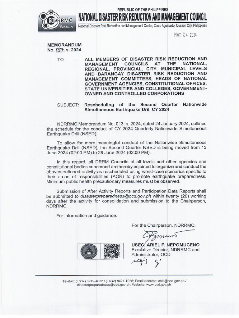 OCD MEMO 087 s2024 - Rescheduling of CY 2024 2Q NSED | PDF