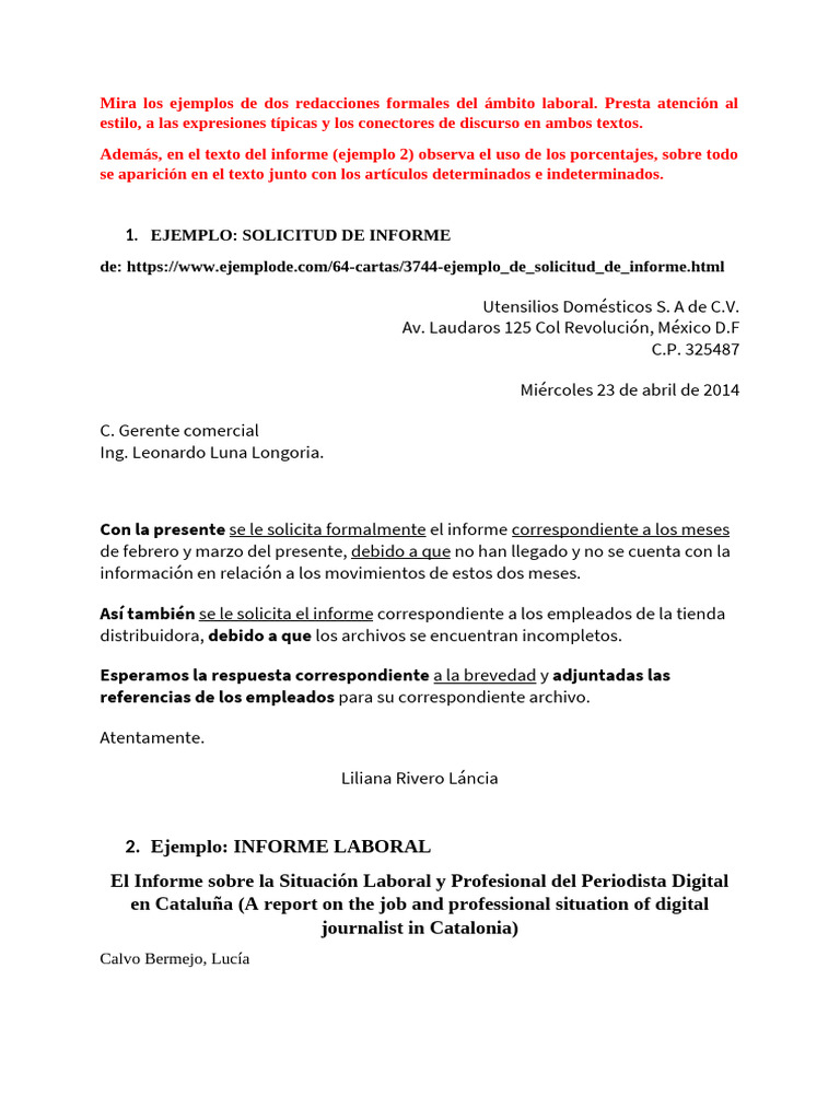 Informe Laboral, Solicitud. Ejemplos | PDF