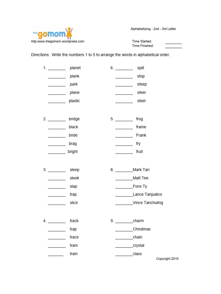 Alphabetizing 2nd 3rd Letter 3 Worksheets | PDF