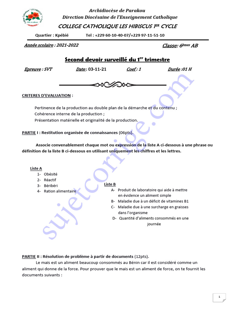 Sujet 2ème Devoir Du 1er T SVT 6ème 2021-2022 College Catholique Les Hibiscus | PDF