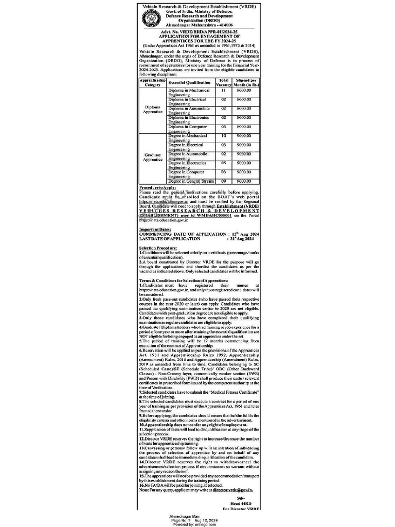 Notification DRDO VRDE Apprentice Posts | PDF