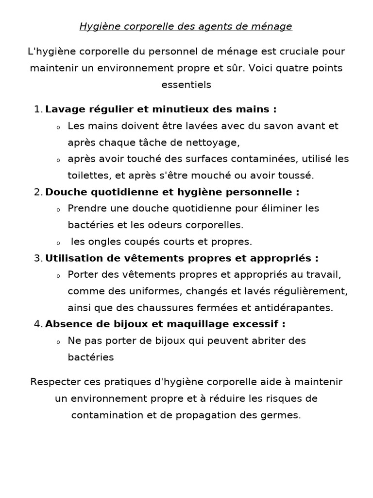 Hygiène Corporelle Des Agents de Ménage | PDF