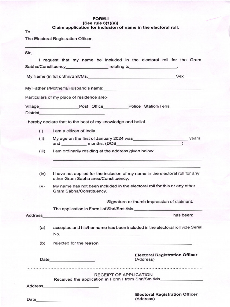 Claim Application For Inclusion of Name in The Electoral roll-FORM I | PDF