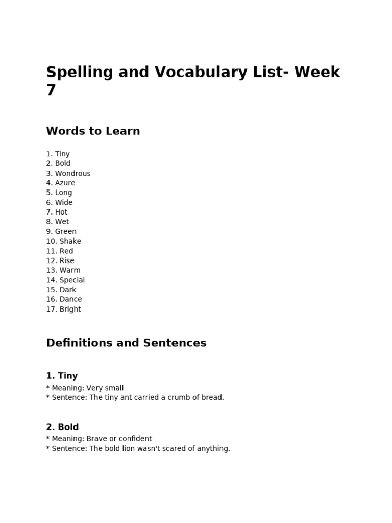 Spelling and Vocabulary List - Week 7 | PDF