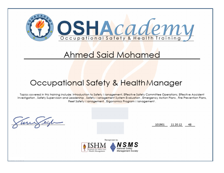 Occupational Safety Health Manager Certificate | PDF